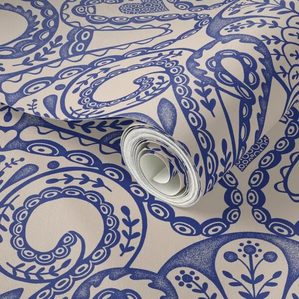 Spoonflower Nautical Kraken Ink Tan Ornamental Custom Pre-pasted Wallpaper - Blue