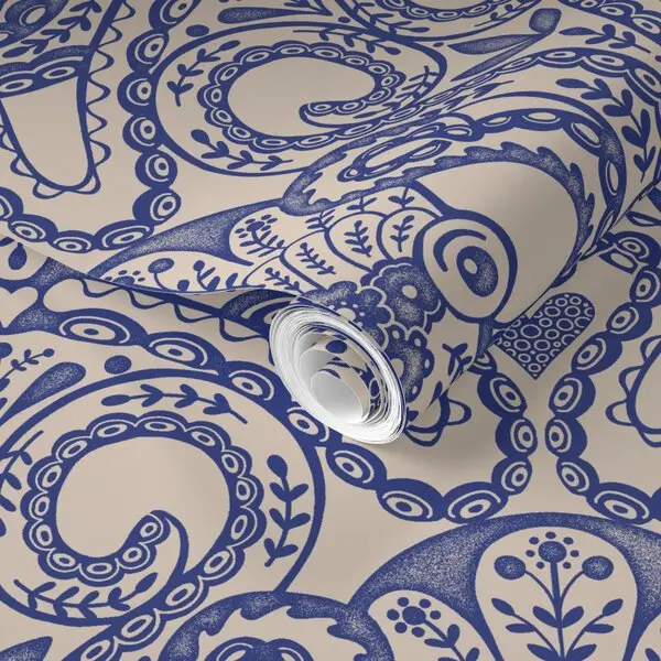 Spoonflower Nautical Kraken Ink Tan Ornamental Custom Pre-pasted Wallpaper - Blue