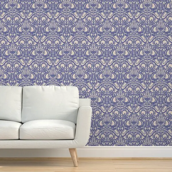 Spoonflower Nautical Kraken Ink Tan Ornamental Custom Pre-pasted Wallpaper - Blue
