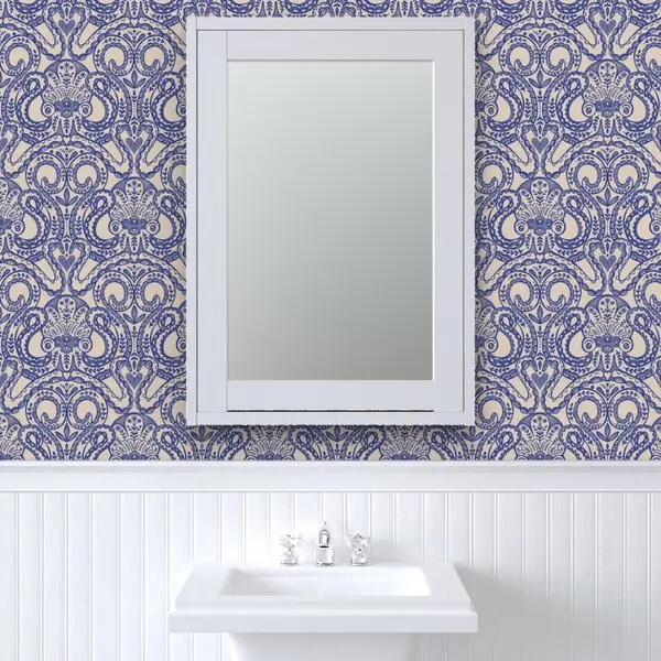 Spoonflower Nautical Kraken Ink Tan Ornamental Custom Pre-pasted Wallpaper - Blue