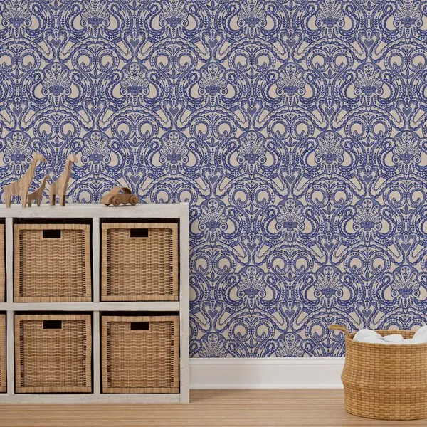Spoonflower Nautical Kraken Ink Tan Ornamental Custom Pre-pasted Wallpaper - Blue
