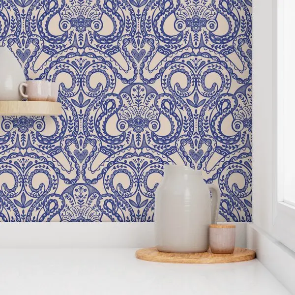 Spoonflower Nautical Kraken Ink Tan Ornamental Custom Pre-pasted Wallpaper - Blue