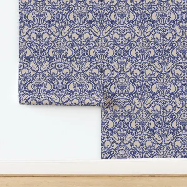Spoonflower Nautical Kraken Ink Tan Ornamental Custom Pre-pasted Wallpaper - Blue