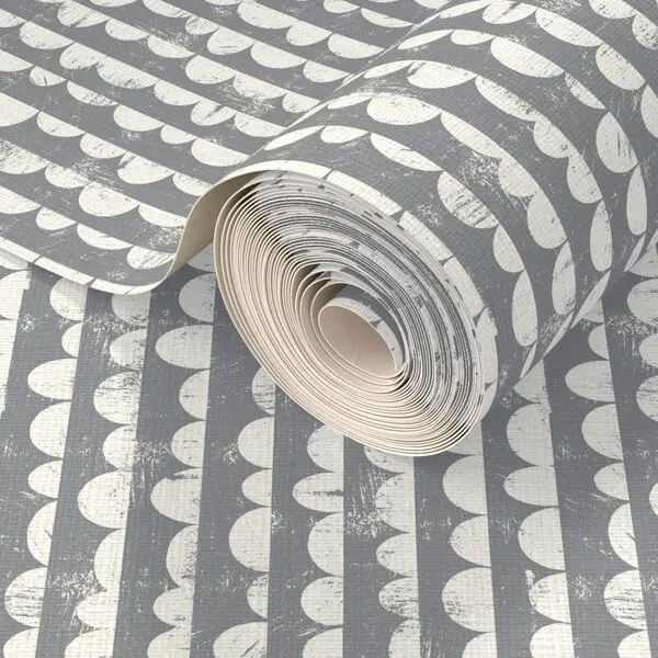 Spoonflower Ultimate And White Scratched Stripes Semicircles 100% Natural Sisal Grasscloth Wallcovering - Gray,white
