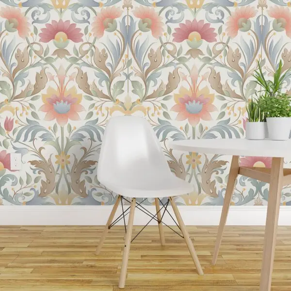Spoonflower Floral Ornamental Italian Art And Craft Villa Custom Pre-pasted Wallpaper - Pink