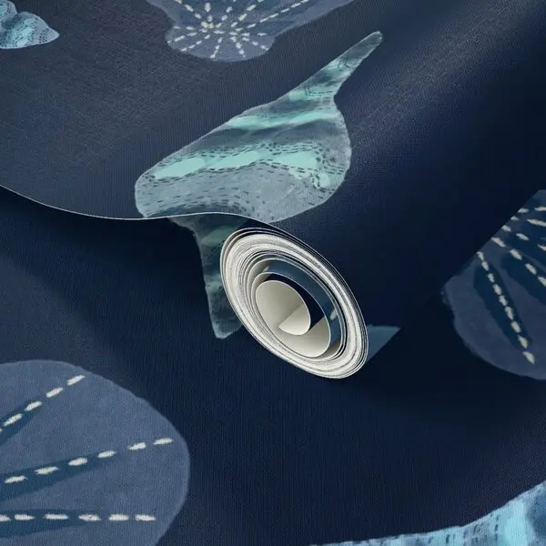 Spoonflower Shells Coastal Seashells Under The Sea Beach Custom Pre-pasted Wallpaper - Blue