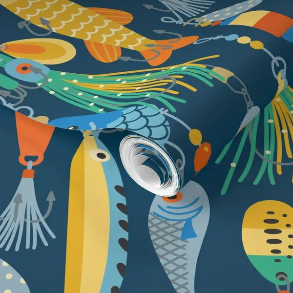 Spoonflower Fishing Dark Bait Tackle Outdoor Custom Pre-pasted Wallpaper - Blue