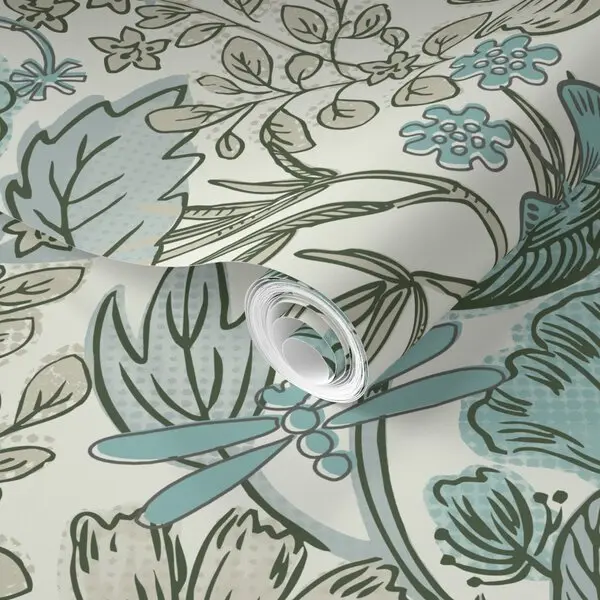 Spoonflower Boho Floral Neutral Botanical Grey Gray Blue Custom Pre-pasted Wallpaper - Gray,beige