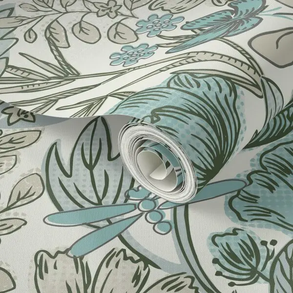 Spoonflower Boho Floral Neutral Botanical Grey Gray Blue Custom Pre-pasted Wallpaper - Gray,beige