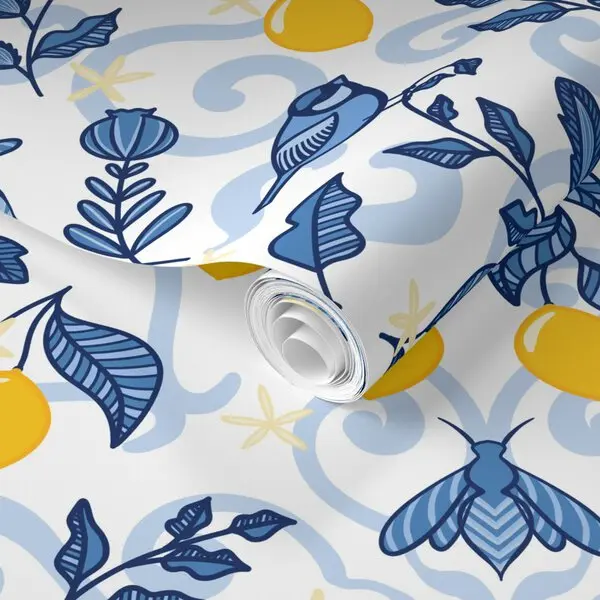 Spoonflower Botanical Citrus Lemon White Blue Whimsical Custom Pre-pasted Wallpaper - White,blue,yellow