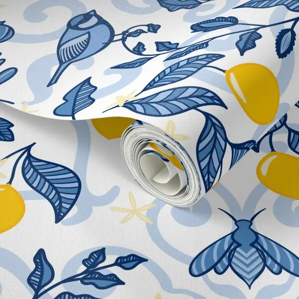 Spoonflower Botanical Citrus Lemon White Blue Whimsical Custom Pre-pasted Wallpaper - White,blue,yellow