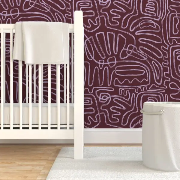 Spoonflower Boho Squiggles Mauve Line Art Brush Strokes Custom Pre-pasted Wallpaper - Purple