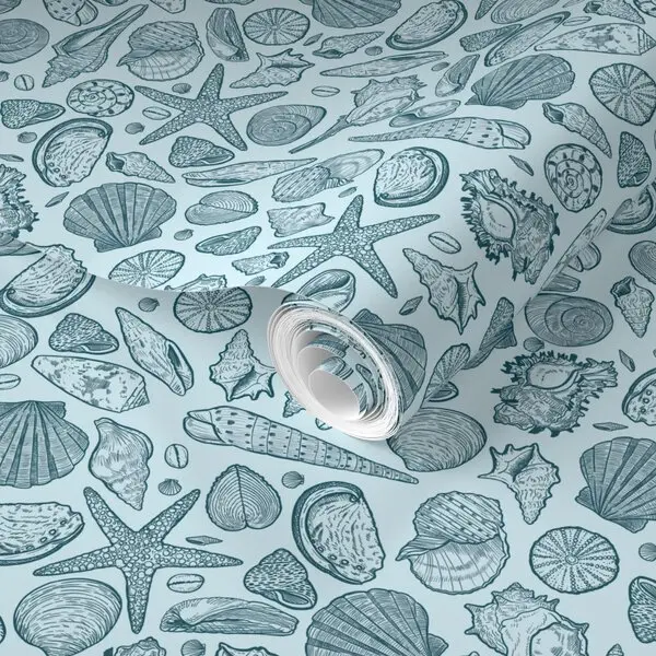 Spoonflower Seashells Monochromatic Medium Scale Line Art Custom Pre-pasted Wallpaper - Blue