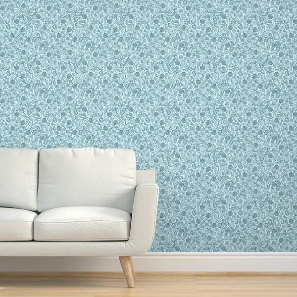 Spoonflower Seashells Monochromatic Medium Scale Line Art Custom Pre-pasted Wallpaper - Blue