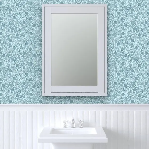 Spoonflower Seashells Monochromatic Medium Scale Line Art Custom Pre-pasted Wallpaper - Blue