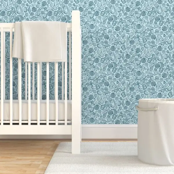 Spoonflower Seashells Monochromatic Medium Scale Line Art Custom Pre-pasted Wallpaper - Blue