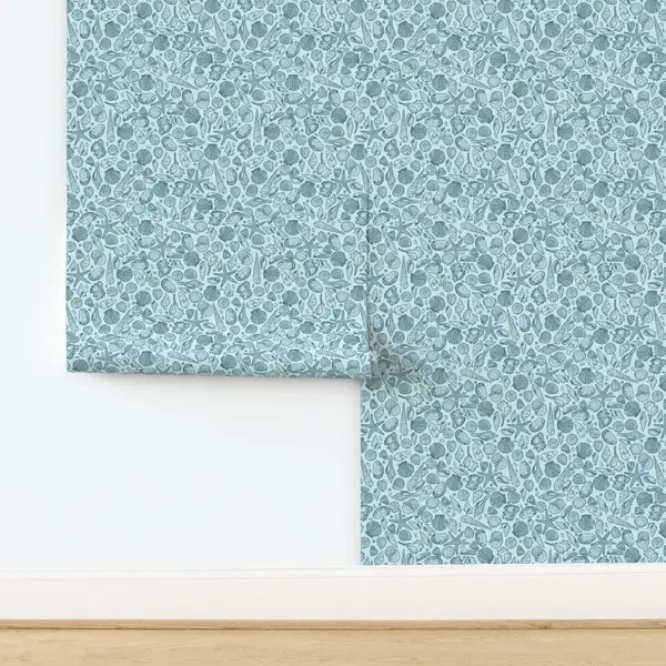 Spoonflower Seashells Monochromatic Medium Scale Line Art Custom Pre-pasted Wallpaper - Blue