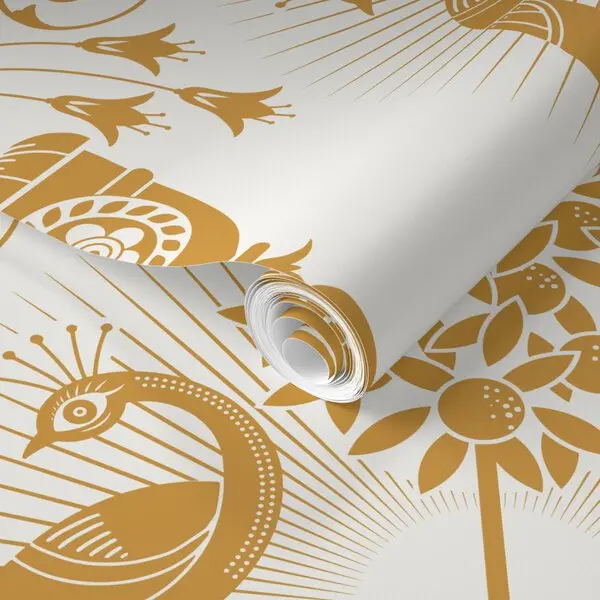 Spoonflower Gold Peacock Mediterranean Toscana Golden Italian Custom Removable Wallpaper - Gold,cream