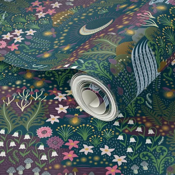 Spoonflower Night Moon Meadow Fireflies Magical Custom Pre-pasted Wallpaper