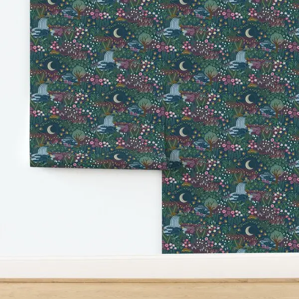 Spoonflower Night Moon Meadow Fireflies Magical Custom Pre-pasted Wallpaper