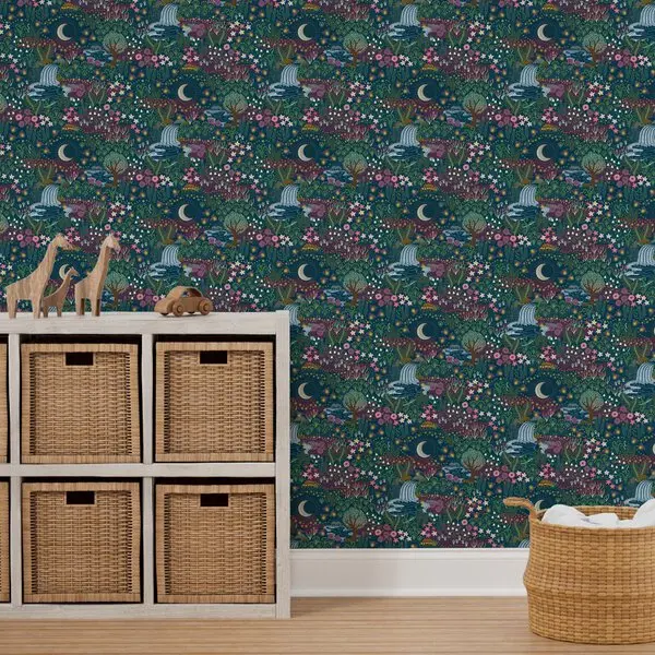 Spoonflower Night Moon Meadow Fireflies Magical Custom Pre-pasted Wallpaper