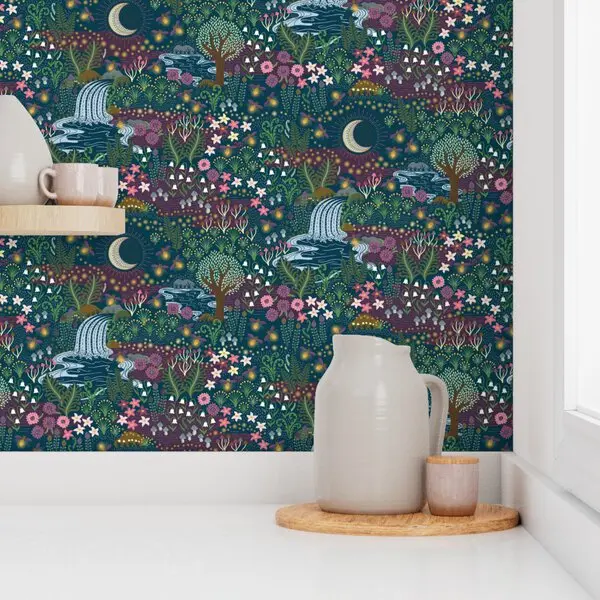 Spoonflower Night Moon Meadow Fireflies Magical Custom Pre-pasted Wallpaper