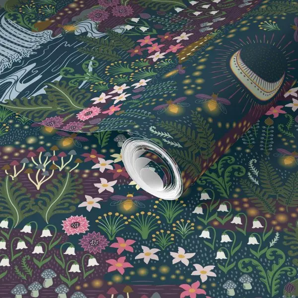 Spoonflower Night Moon Meadow Fireflies Magical Custom Pre-pasted Wallpaper