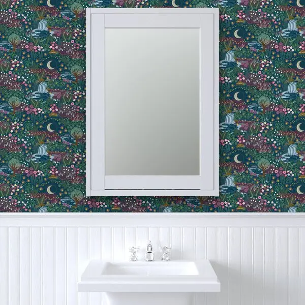 Spoonflower Night Moon Meadow Fireflies Magical Custom Pre-pasted Wallpaper