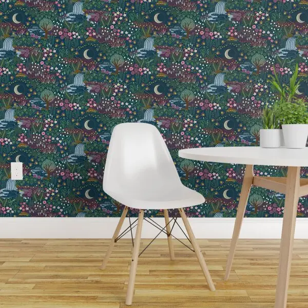 Spoonflower Night Moon Meadow Fireflies Magical Custom Pre-pasted Wallpaper