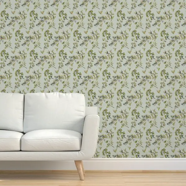 Spoonflower Ginkgo Aura 100% Natural Sisal Grasscloth Wallcovering - Green,beige