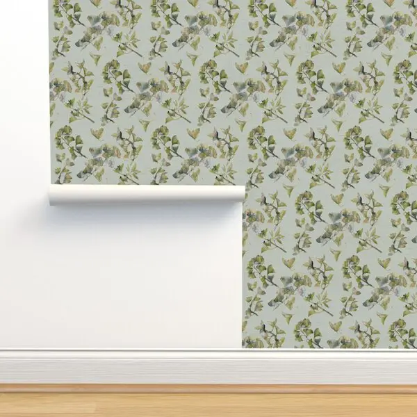 Spoonflower Ginkgo Aura 100% Natural Sisal Grasscloth Wallcovering - Green,beige