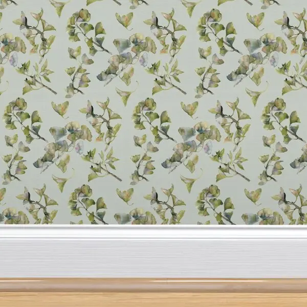 Spoonflower Ginkgo Aura 100% Natural Sisal Grasscloth Wallcovering - Green,beige