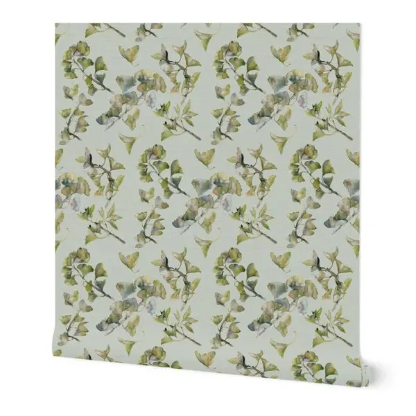 Spoonflower Ginkgo Aura 100% Natural Sisal Grasscloth Wallcovering - Green,beige