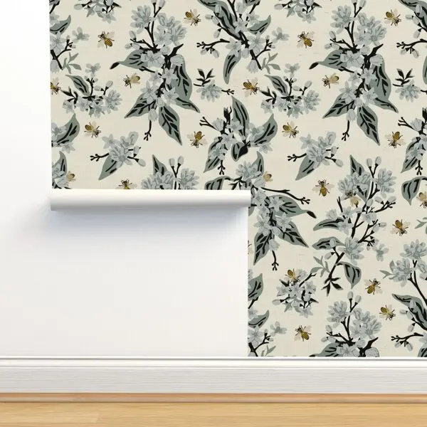 Spoonflower Flowers & Bees Blue On Cream 100% Natural Sisal Grasscloth Wallcovering - Gray,black