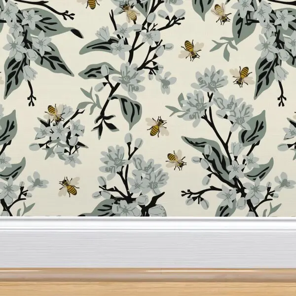 Spoonflower Flowers & Bees Blue On Cream 100% Natural Sisal Grasscloth Wallcovering - Gray,black