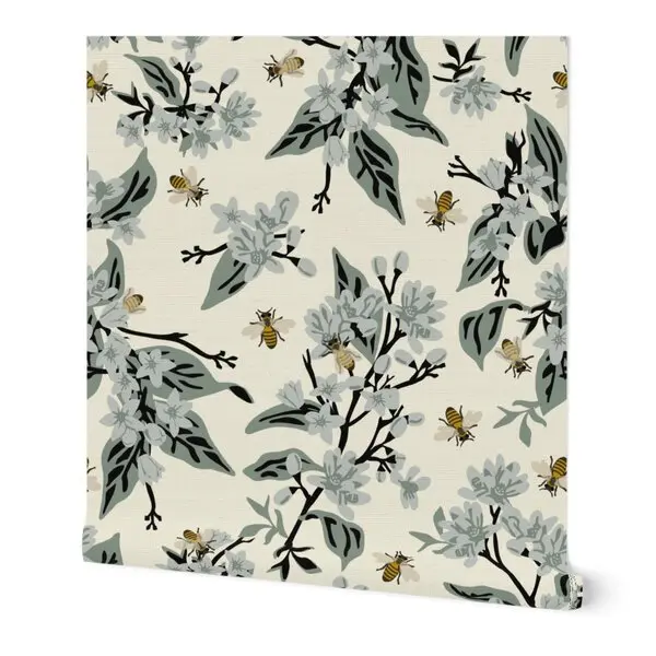 Spoonflower Flowers & Bees Blue On Cream 100% Natural Sisal Grasscloth Wallcovering - Gray,black