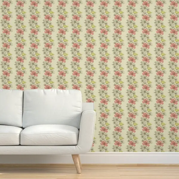 Spoonflower Neutral Floral Pink 100% Natural Sisal Grasscloth Wallcovering
