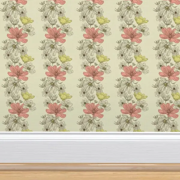 Spoonflower Neutral Floral Pink 100% Natural Sisal Grasscloth Wallcovering