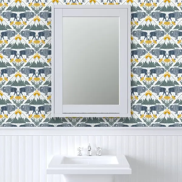 Spoonflower Bison Western Floral Blue Mountains Prairie Custom Pre-pasted Wallpaper - Yellow
