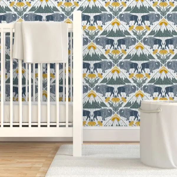 Spoonflower Bison Western Floral Blue Mountains Prairie Custom Pre-pasted Wallpaper - Yellow