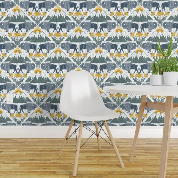 Spoonflower Bison Western Floral Blue Mountains Prairie Custom Pre-pasted Wallpaper - Yellow