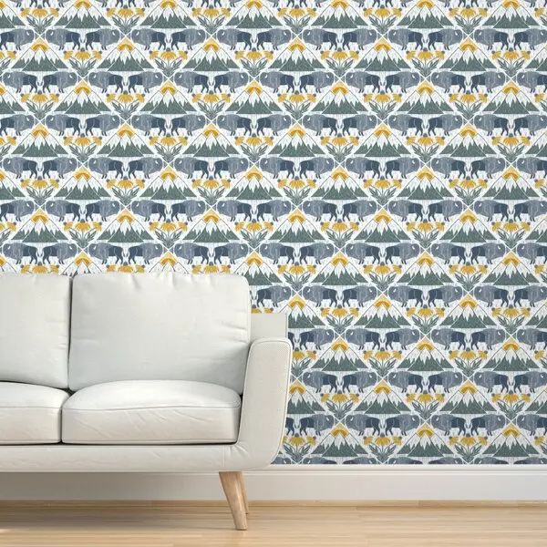 Spoonflower Bison Western Floral Blue Mountains Prairie Custom Pre-pasted Wallpaper - Yellow