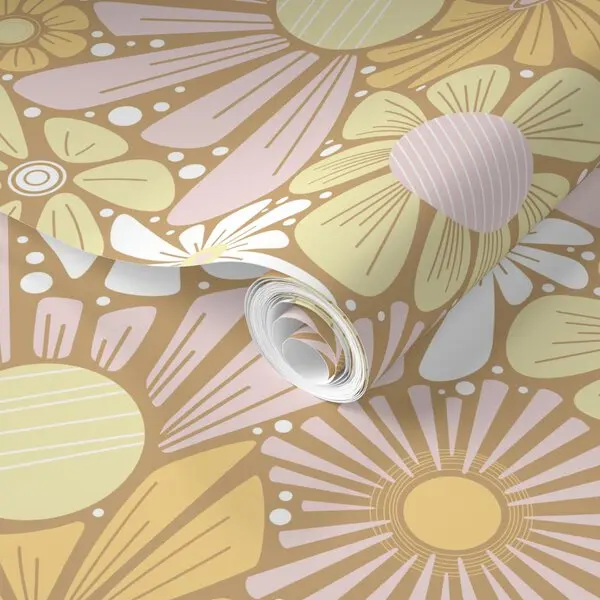 Spoonflower Retro Hippy Floral Flowers Flower Power Custom Pre-pasted Wallpaper - Yellow
