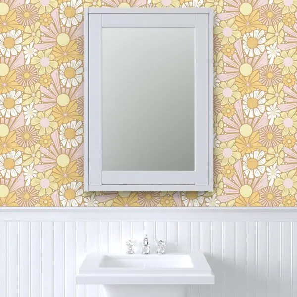 Spoonflower Retro Hippy Floral Flowers Flower Power Custom Pre-pasted Wallpaper - Yellow