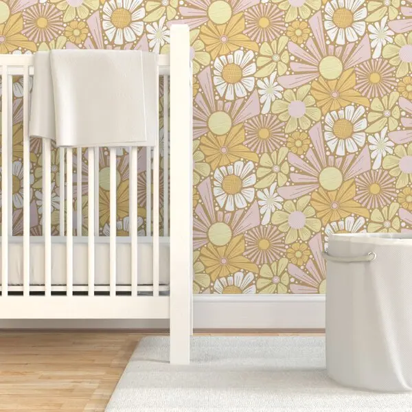 Spoonflower Retro Hippy Floral Flowers Flower Power Custom Pre-pasted Wallpaper - Yellow