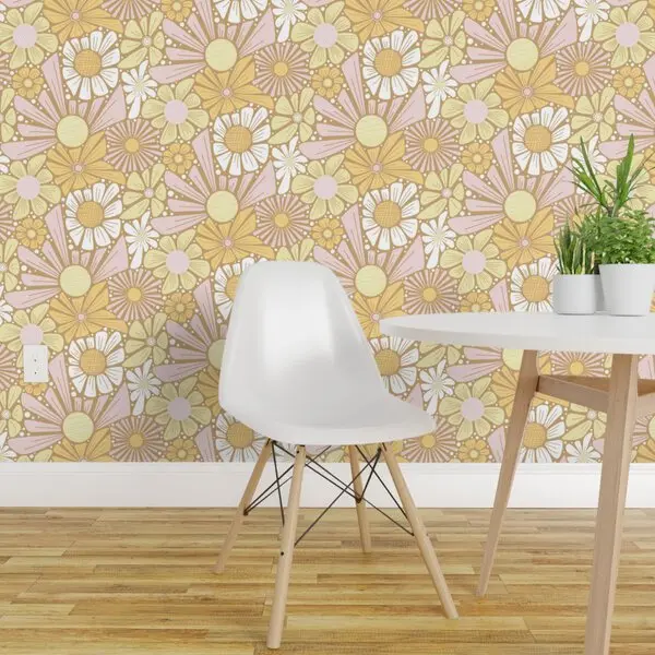 Spoonflower Retro Hippy Floral Flowers Flower Power Custom Pre-pasted Wallpaper - Yellow