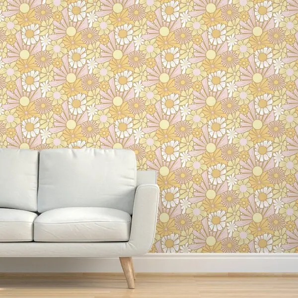 Spoonflower Retro Hippy Floral Flowers Flower Power Custom Pre-pasted Wallpaper - Yellow