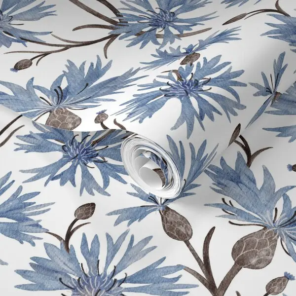 Spoonflower Summer Floral Cornflower Blue Botanical Nature Custom Pre-pasted Wallpaper - White,blue