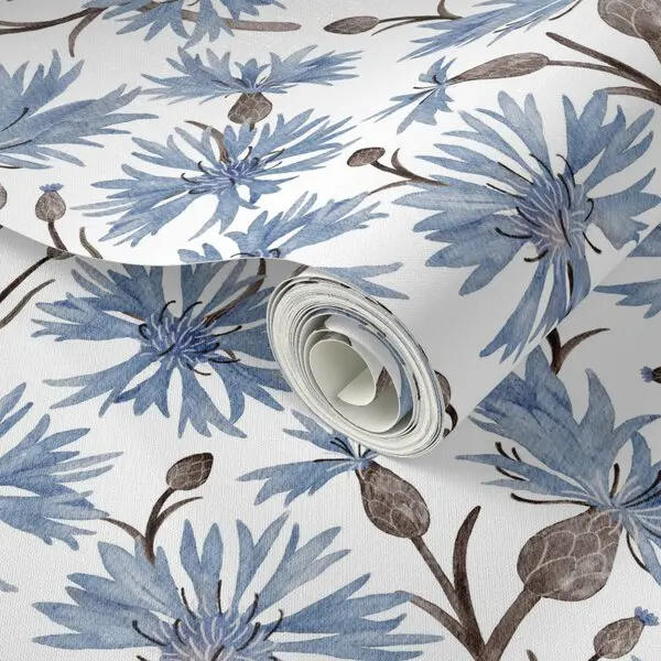 Spoonflower Summer Floral Cornflower Blue Botanical Nature Custom Pre-pasted Wallpaper - White,blue