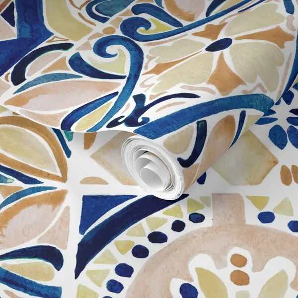 Spoonflower Geometric Watercolor Painting Italy Rustic Custom Pre-pasted Wallpaper - Blue